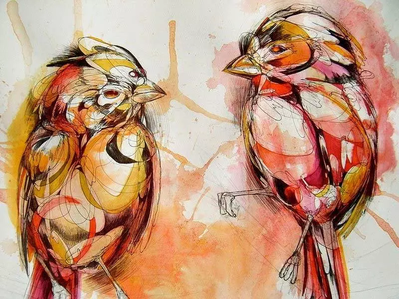 Un couple d'oiseaux dans les tons orange et rouge.