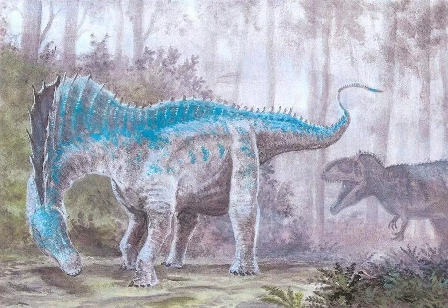 Amargazaurus verteidigt sich gegen Allosaurus-Angriff