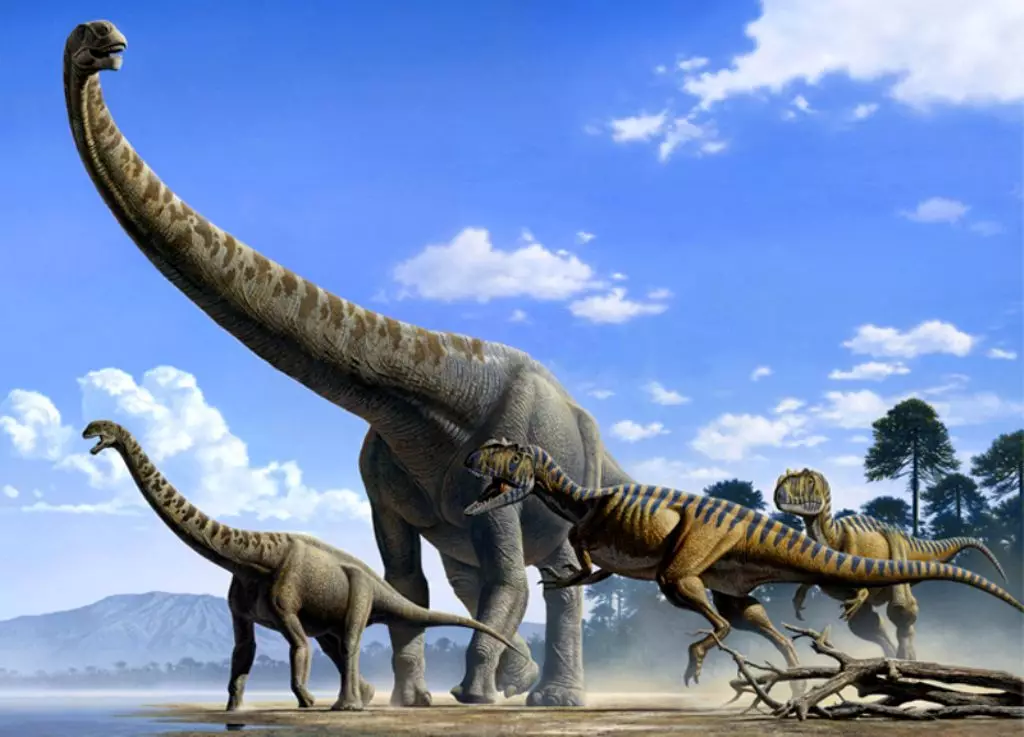Argentinosaurus rodeado por dinossauros carnívoros.